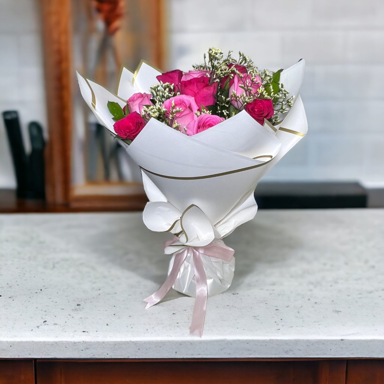 Classic Pink Medley: Hot Pink, Revival Pink Roses with Limonium and ...